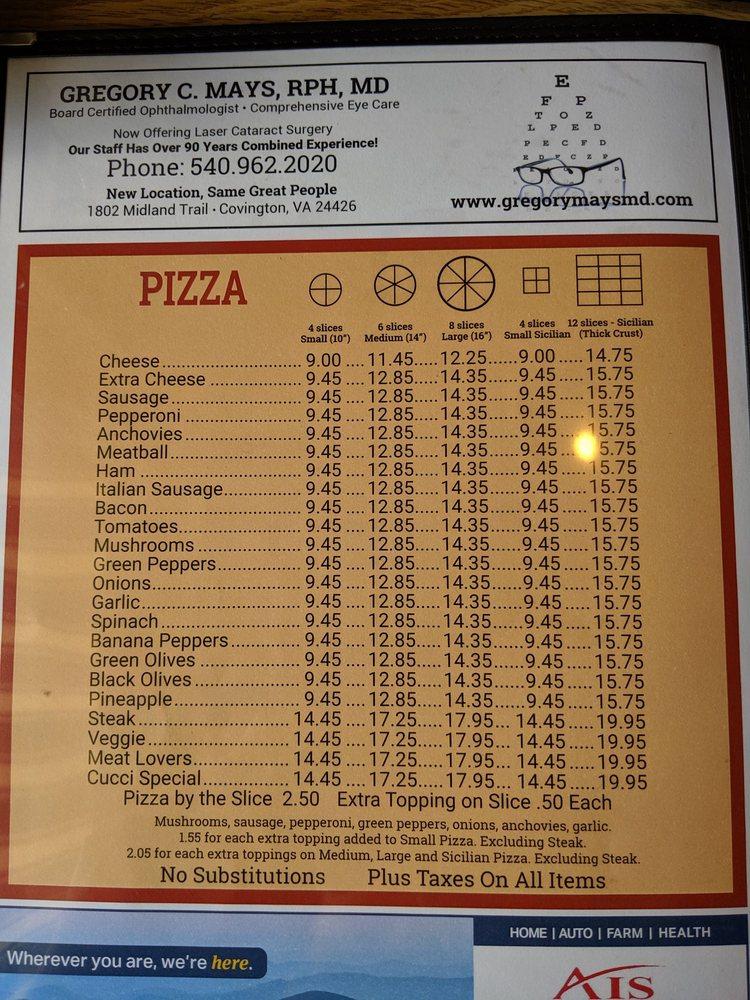 Menu at Cucci's Pizzeria, Covington