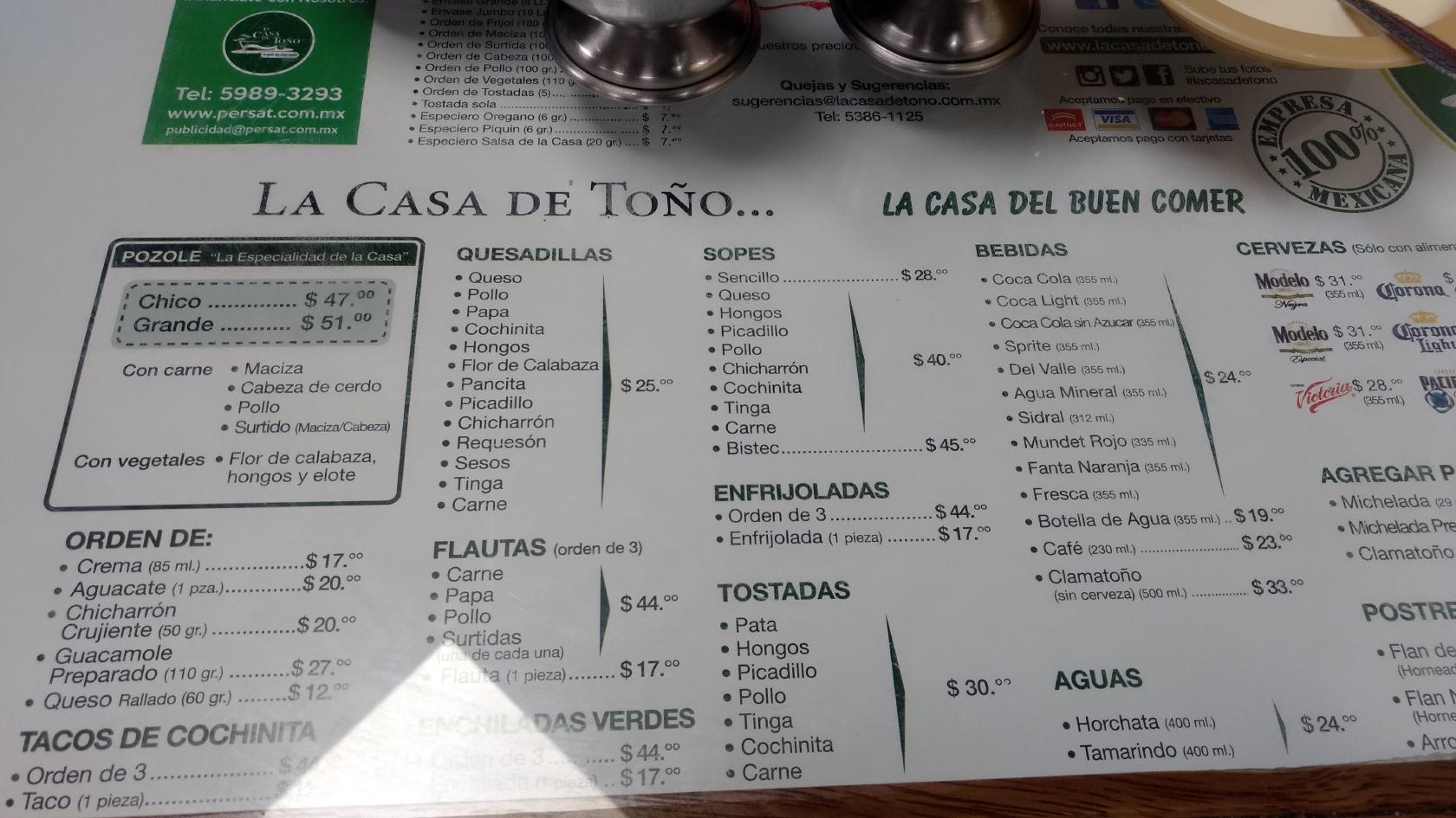Carta del restaurante La Casa De Toño, Ciudad López Mateos, Dolores 7