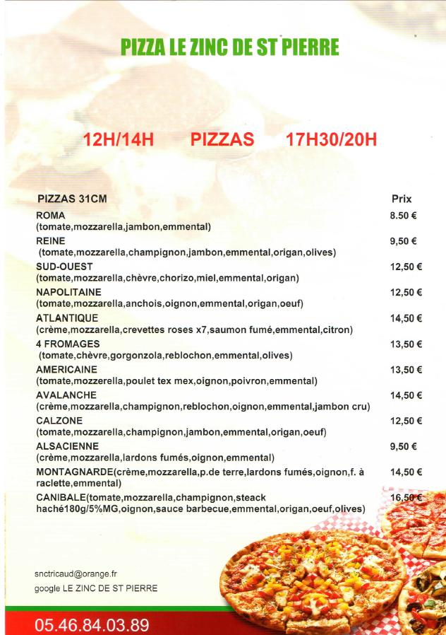 Menu at Le Zinc de St Pierre pub & bar, Saint-Laurent-de-la-Prée