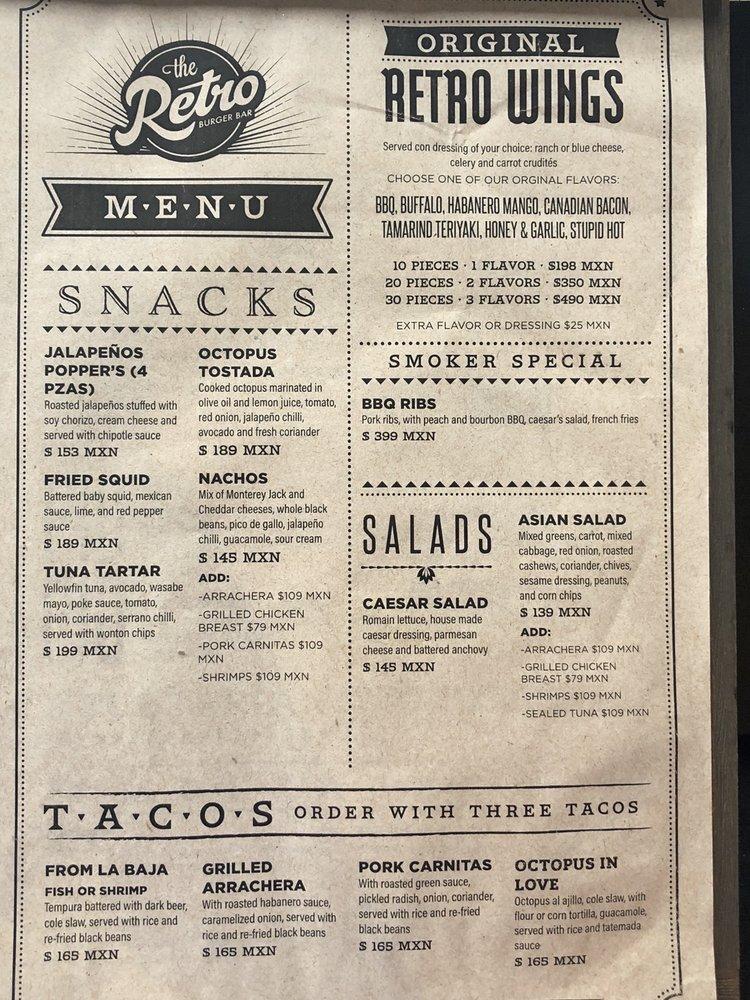 Menu at Retro Burger Bar, San José del Cabo