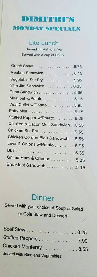 Menu at Bayside Dimitri's Family Dining restaurant, New Baltimore, 23 ...