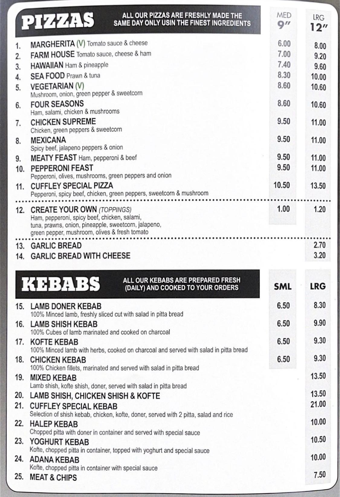 Menu at Cuffley Kebab pizzeria, Cuffley