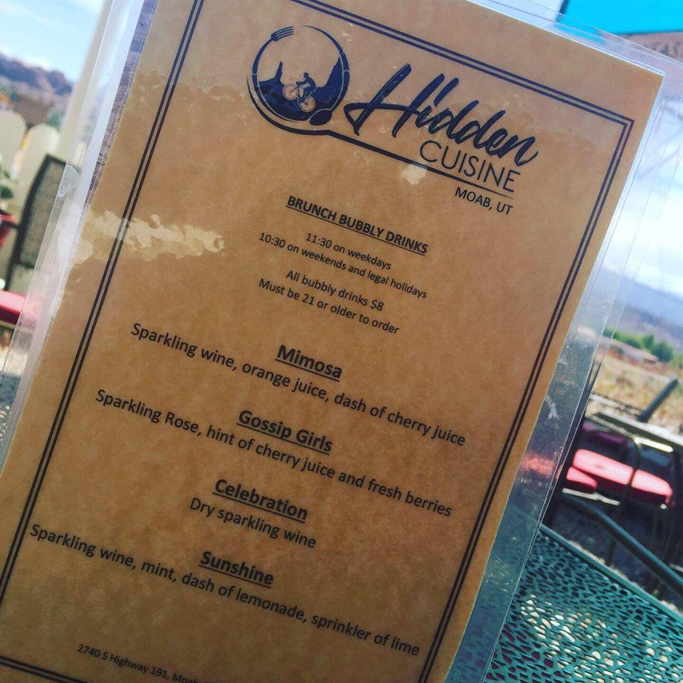 Menu at Hidden Cuisine restaurant, Moab, US-191
