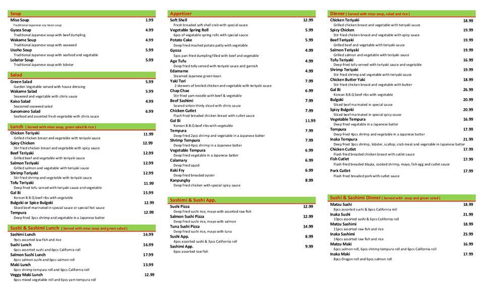 Menu at Inaka Japanese Restaurant, Caledon