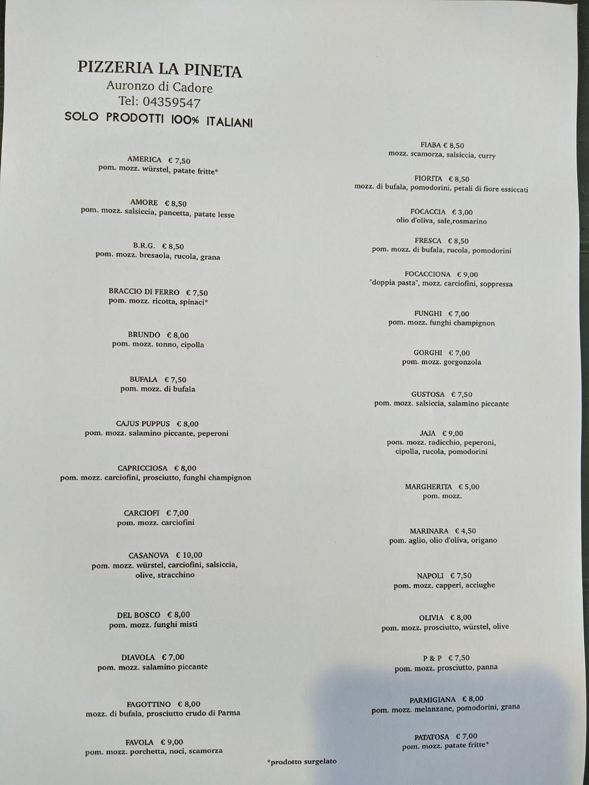 Menu da Pizzeria La Pineta, Auronzo di Cadore, Via Pause