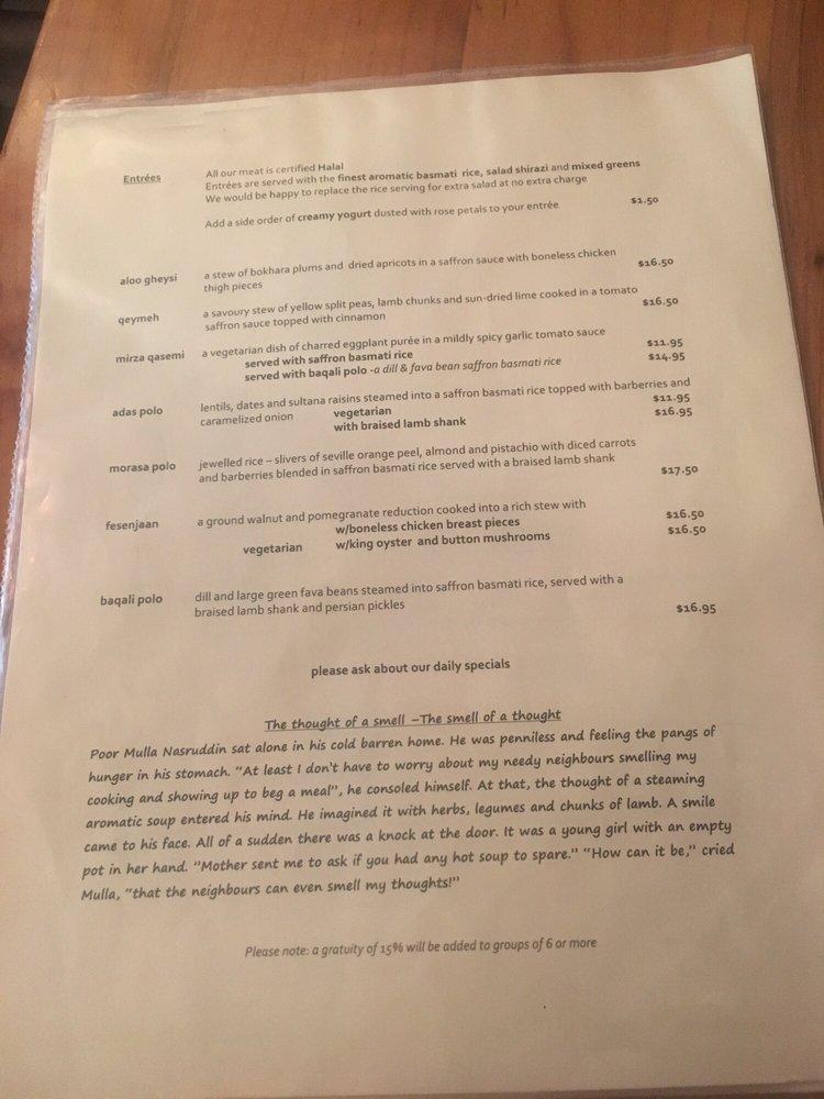 Menu at Pomegranate Restaurant, Toronto