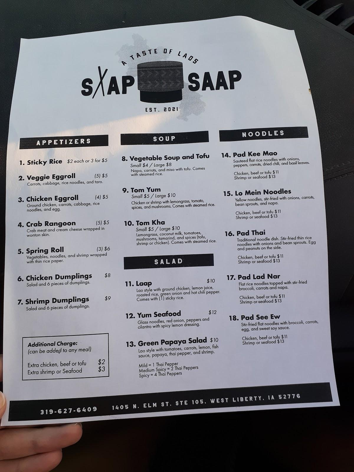 Menu at Saap Saap restaurant, West Liberty