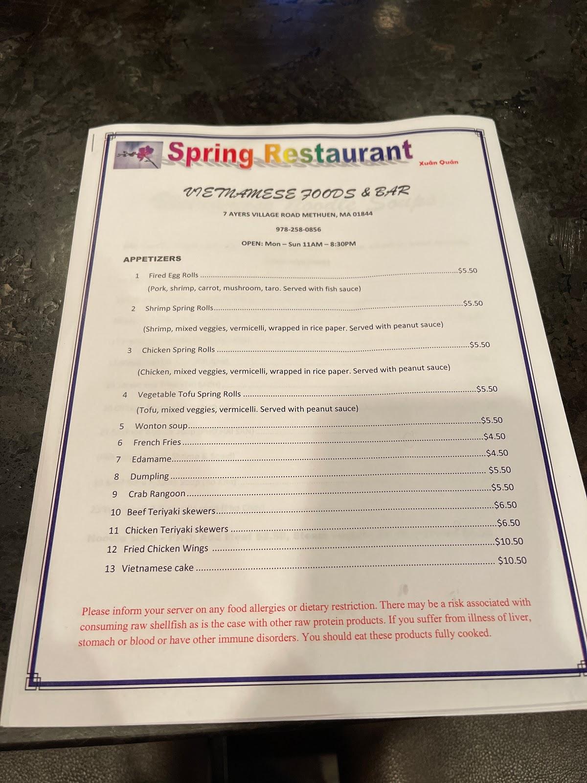 Menu at Spring Restaurant Inc (Xuân Quán), Methuen