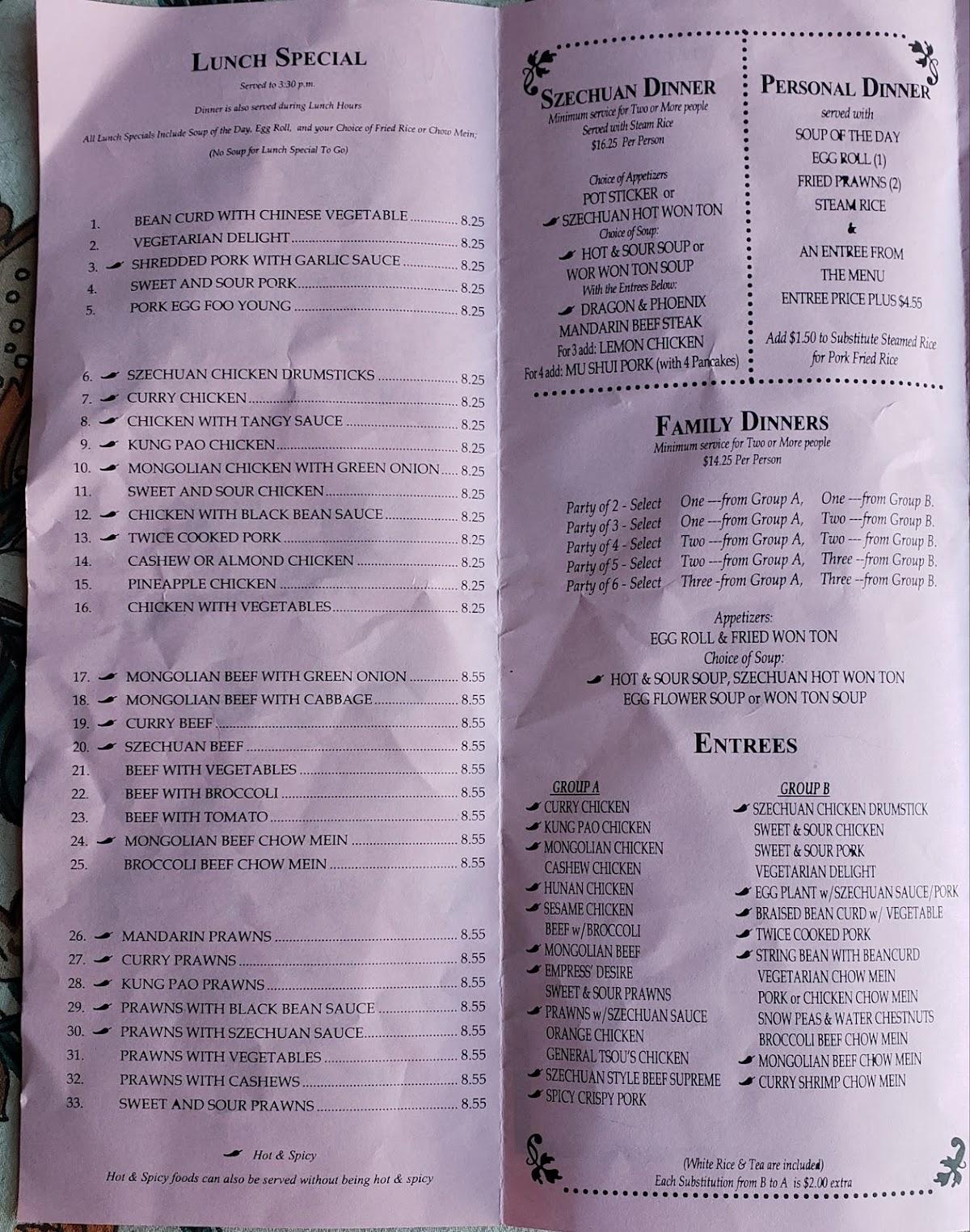 Menu at Szechuan Chinese Cuisine restaurant, Vallejo