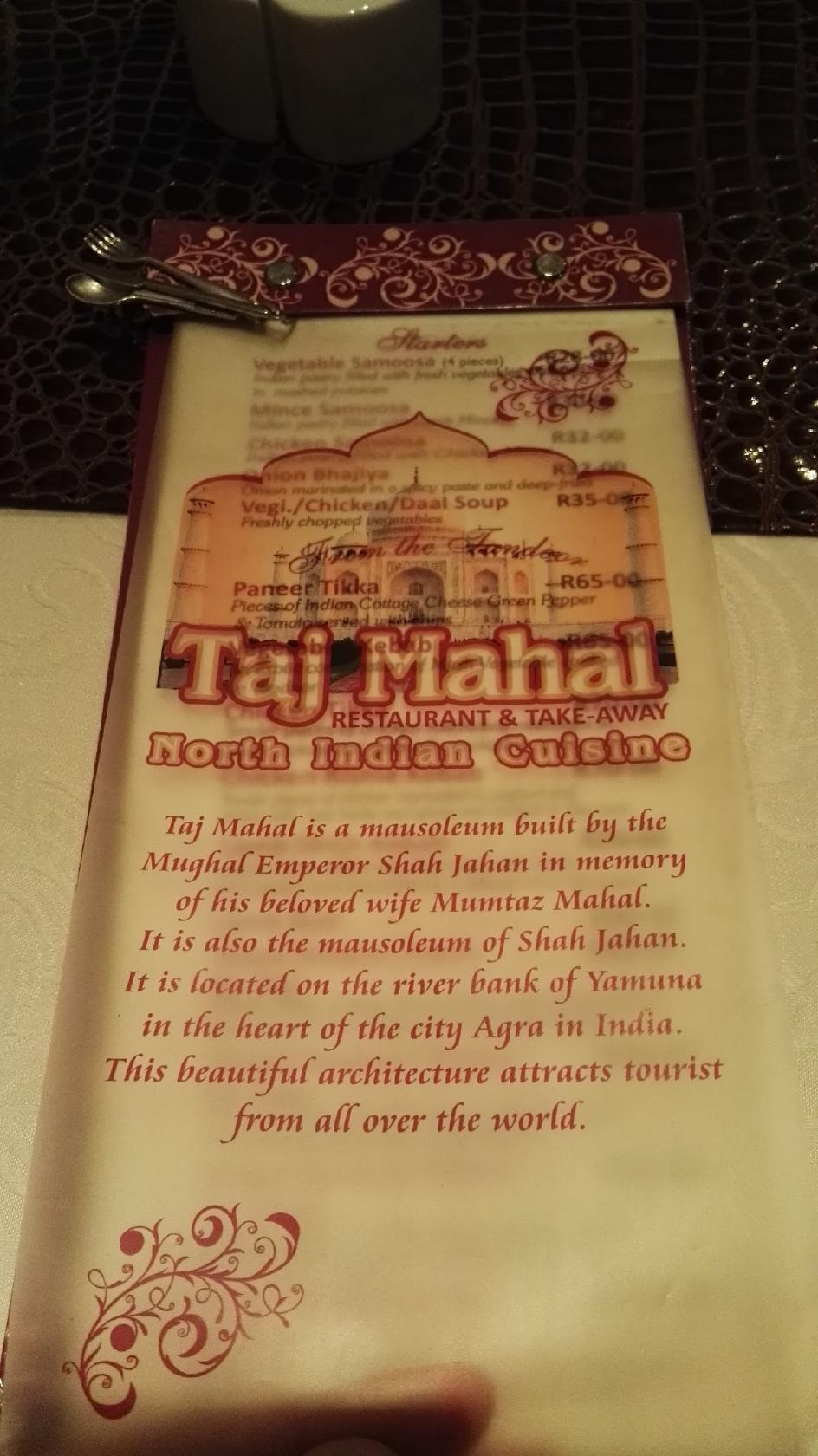Menu at Taj Mahal restaurant, Centurion, 225 Jean Ave