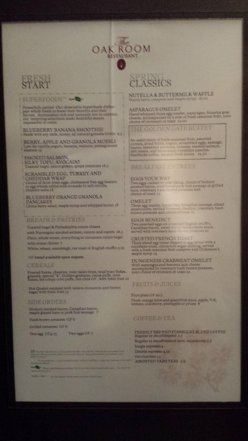 Menu at The Oak Room Restaurant, San Francisco
