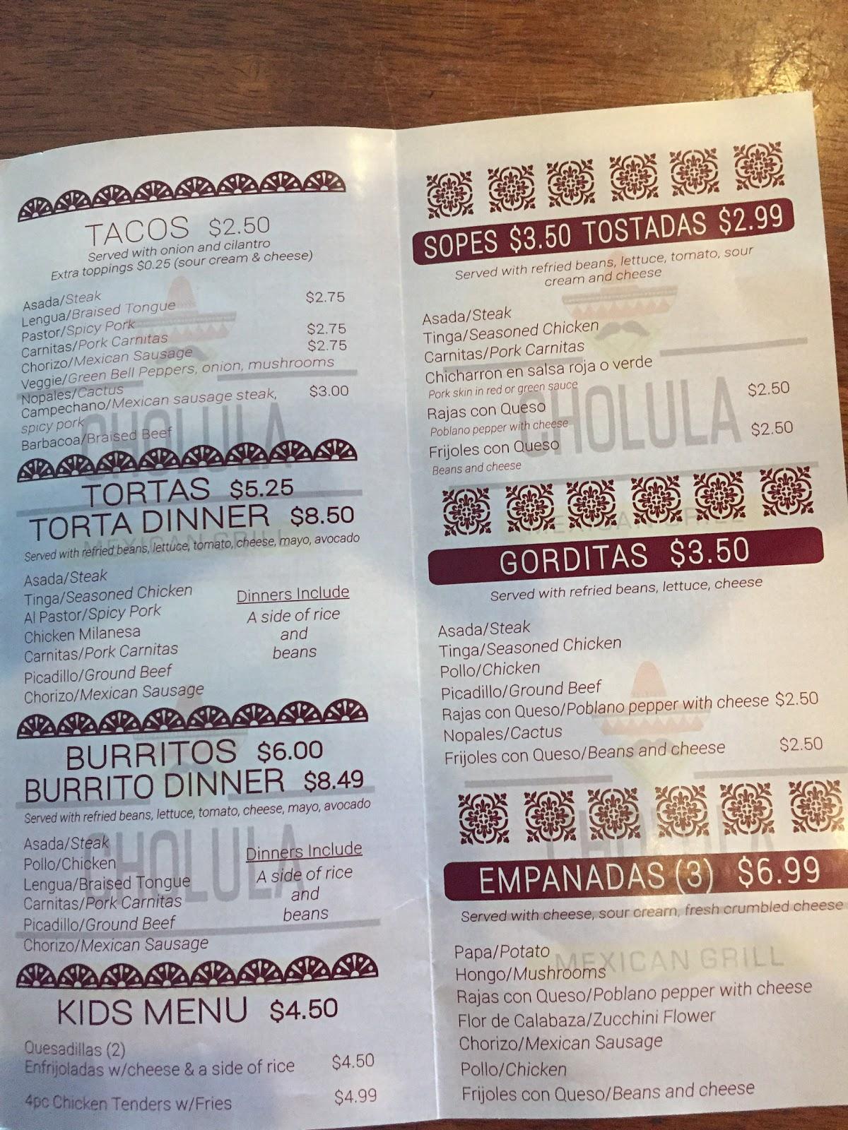 Menu at Cholula Mexican grill restaurant, Palos Hills