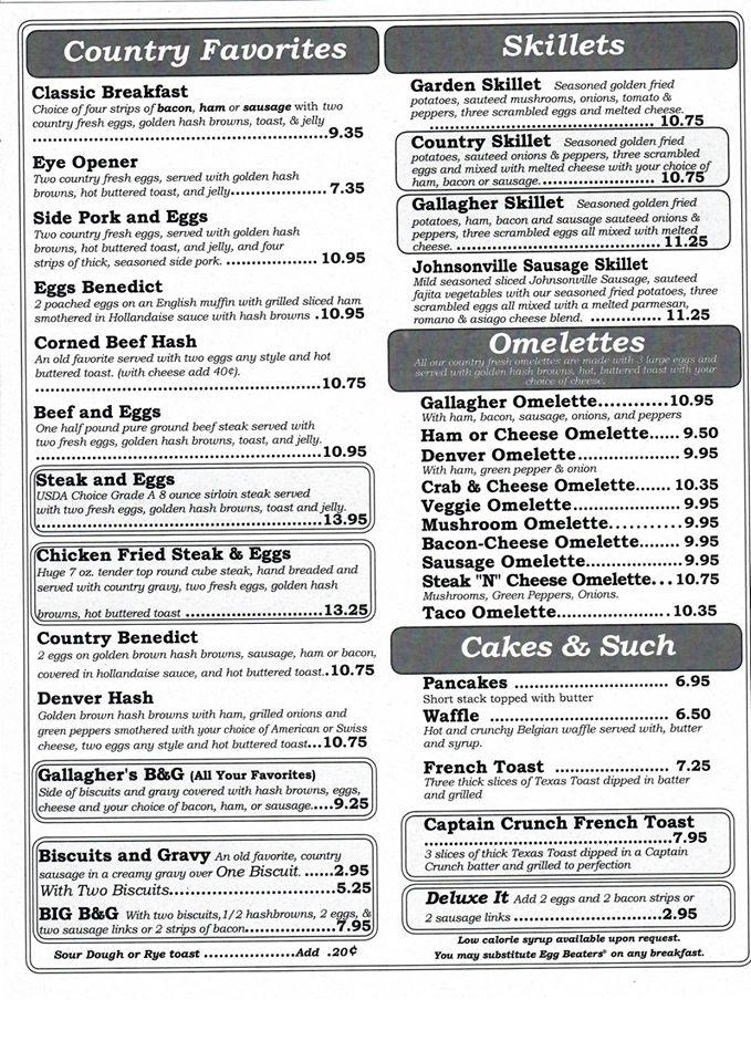 Menu at Gallagher's Game Time Grill restaurant, Miles City