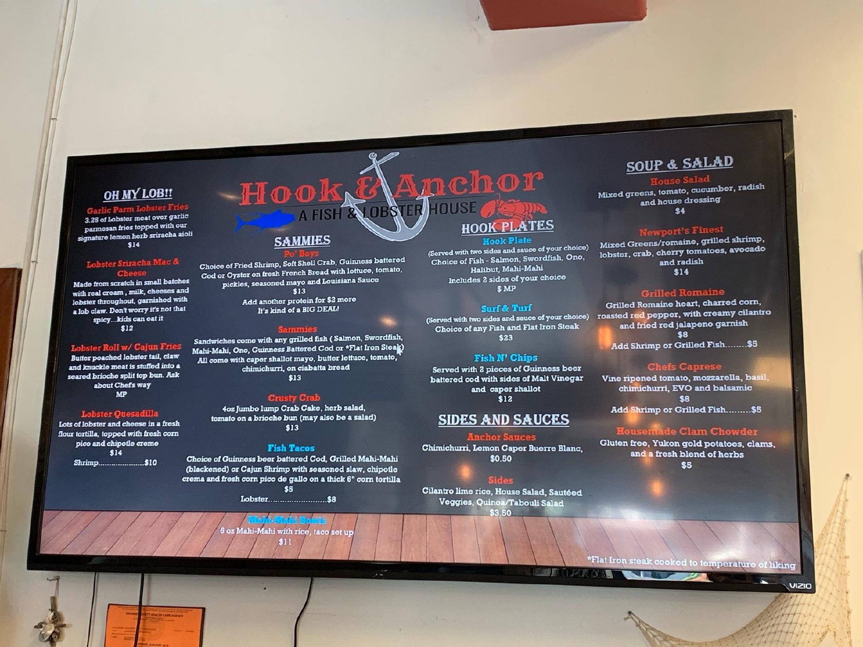 Menu at Hook & Anchor restaurant, Newport Beach