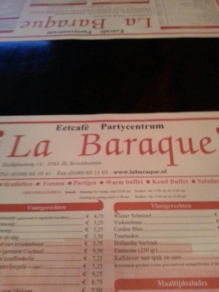 Menu at La Baraque, Zevenhuizen, Zuidplasweg 12-14
