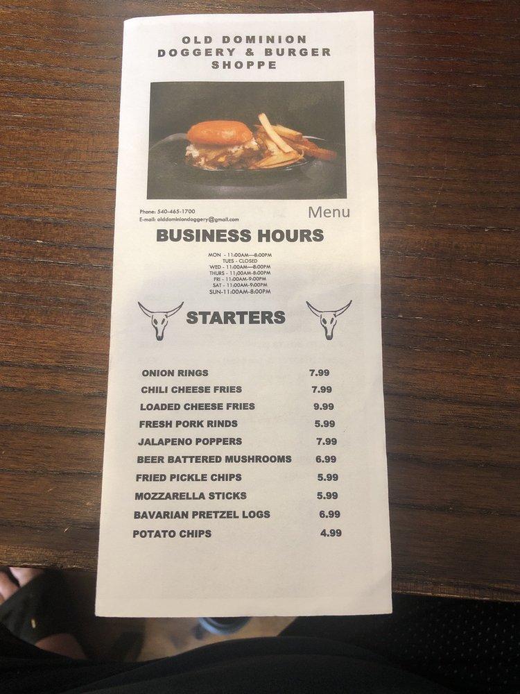 Menu at Old Dominion Doggery & Burger Shoppe restaurant, Strasburg
