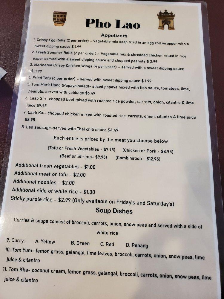 Menu at Pho Lao restaurant, Morganton