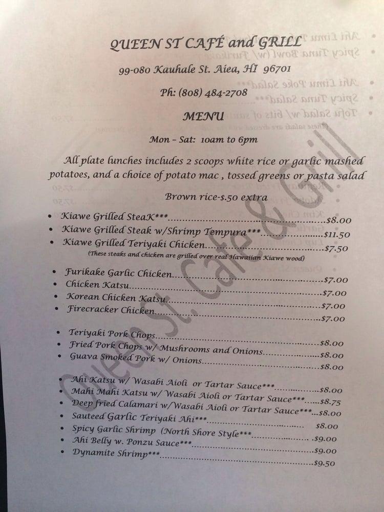Menu at Queen Street Cafe & Grill, Aiea