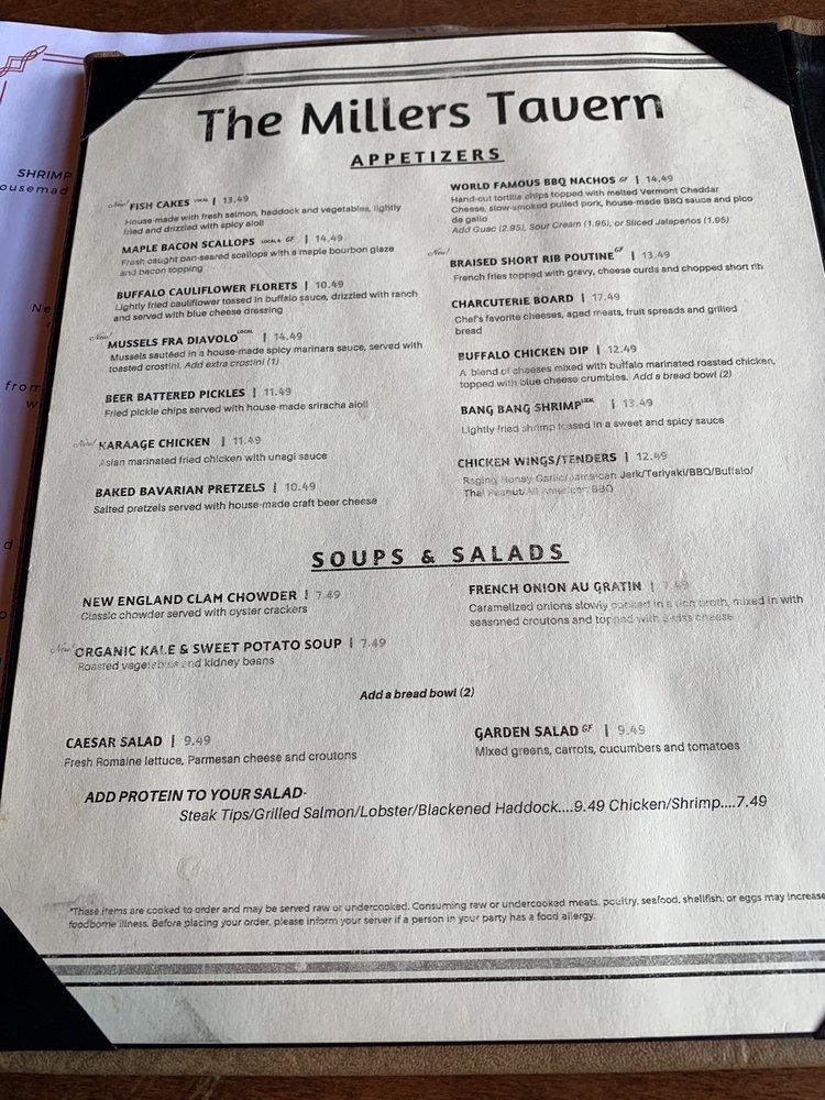 Menu at The Miller's Tavern restaurant, Methuen