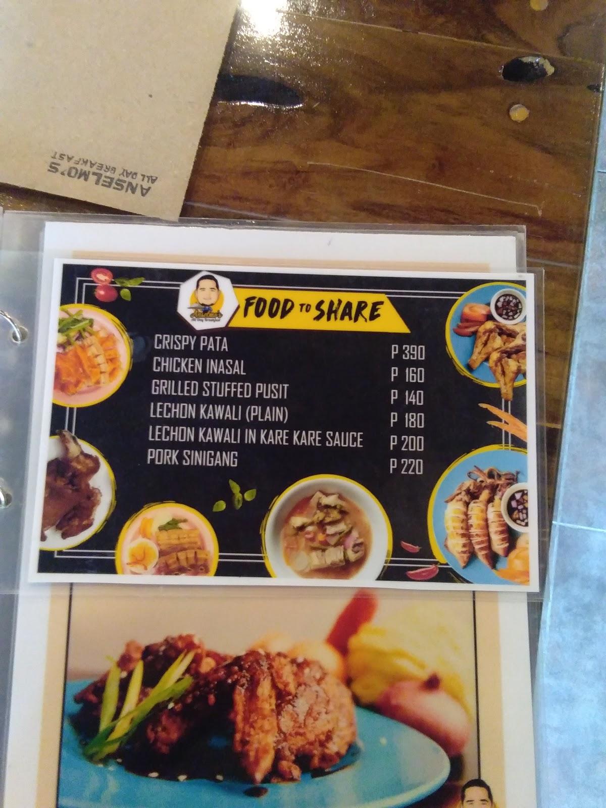 Menu at Anselmo's restaurant, Kalibo