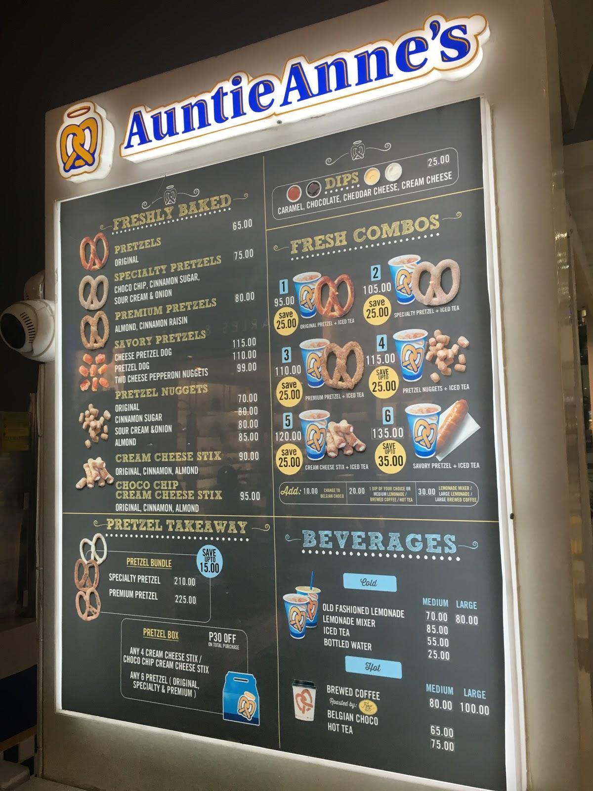 Menu at Auntie Anne's SM Lanang Premier cafe, Davao City