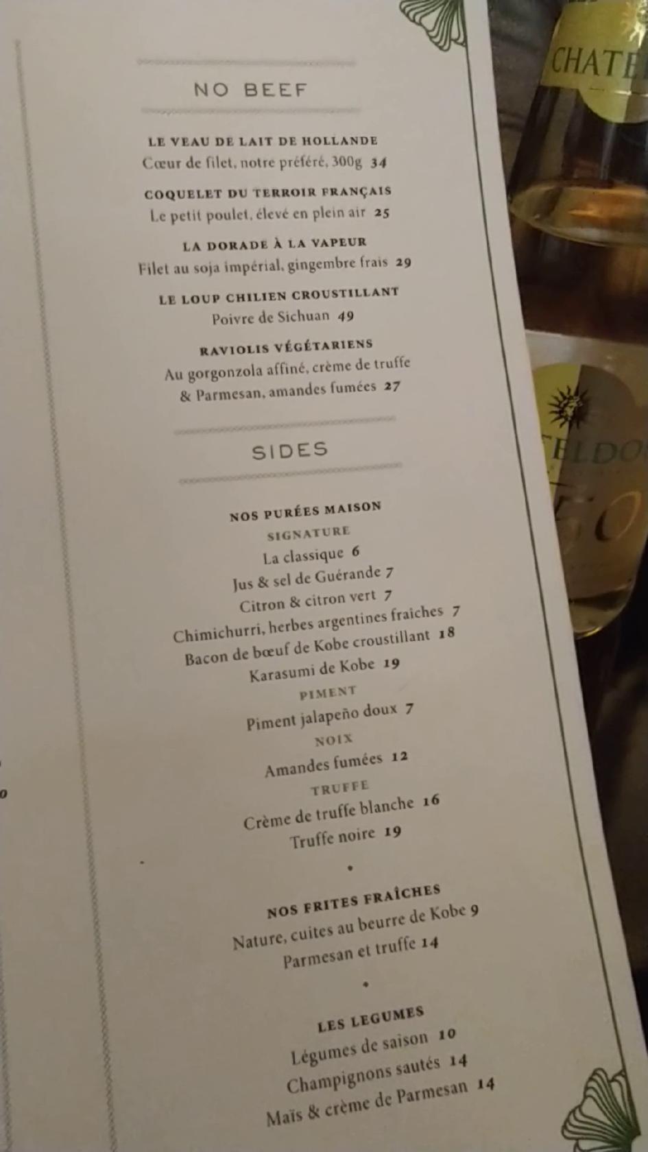 Menu at Beefbar, Paris, 5 Rue Marbeuf