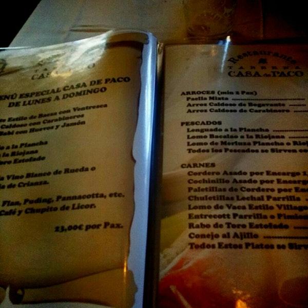 Menu at Casa Paco restaurant, Madrid, C. de López de Hoyos