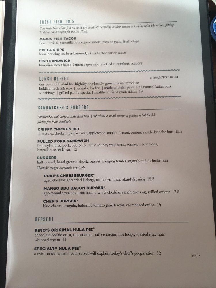 Menu at Duke's Waikiki pub & bar, Honolulu, Kalākaua Ave #116