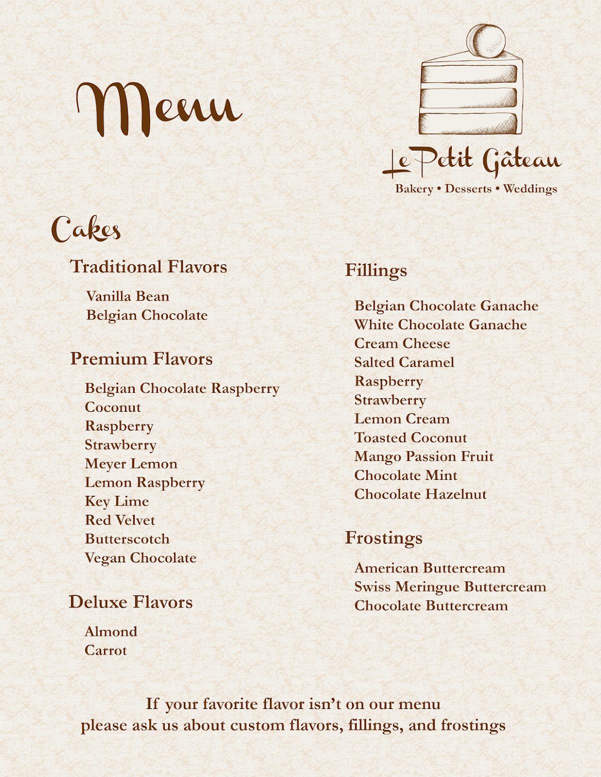 Menu at Le Petit Gateau, Carmel
