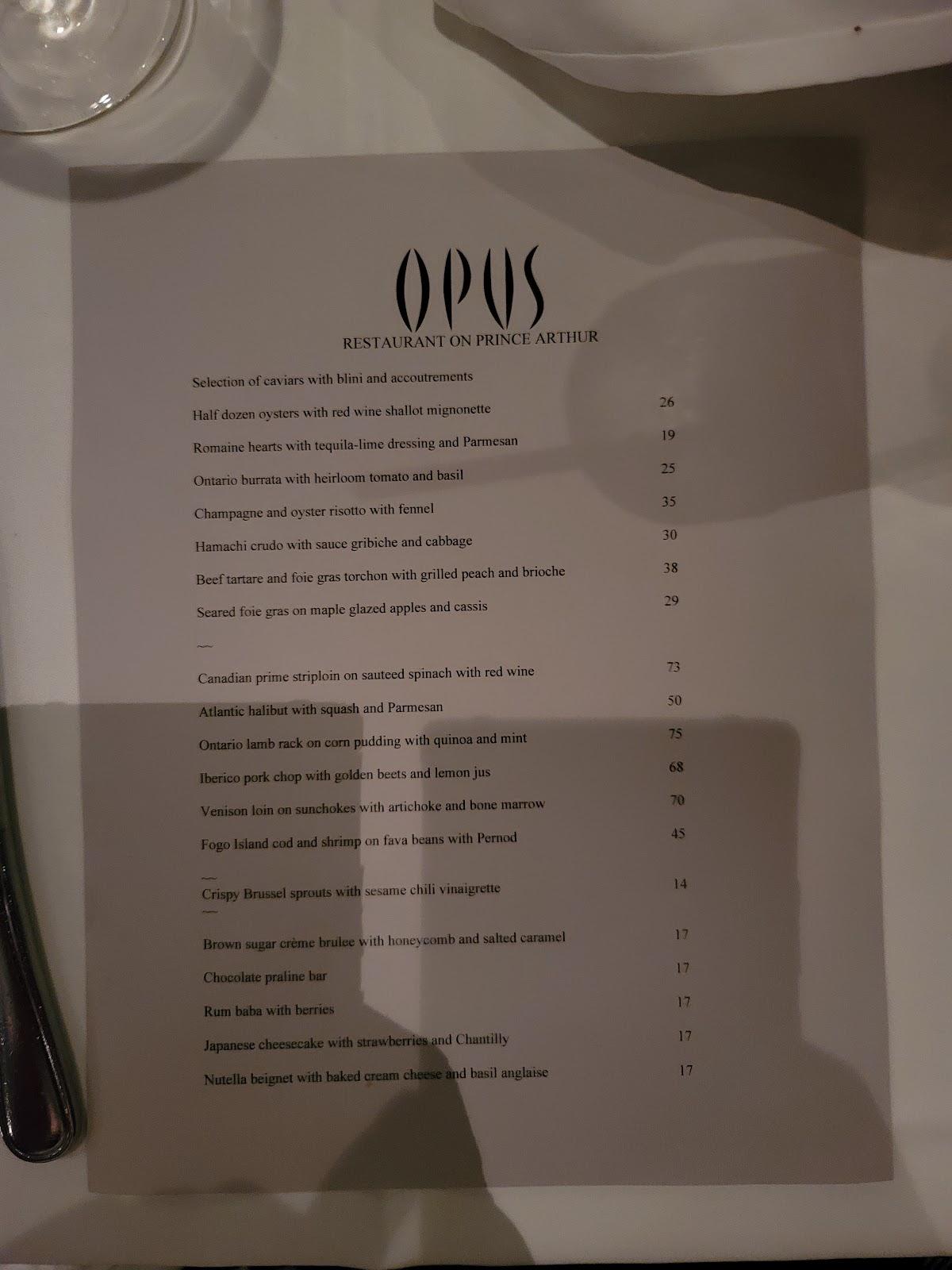 Menu at Opus Restaurant, Toronto