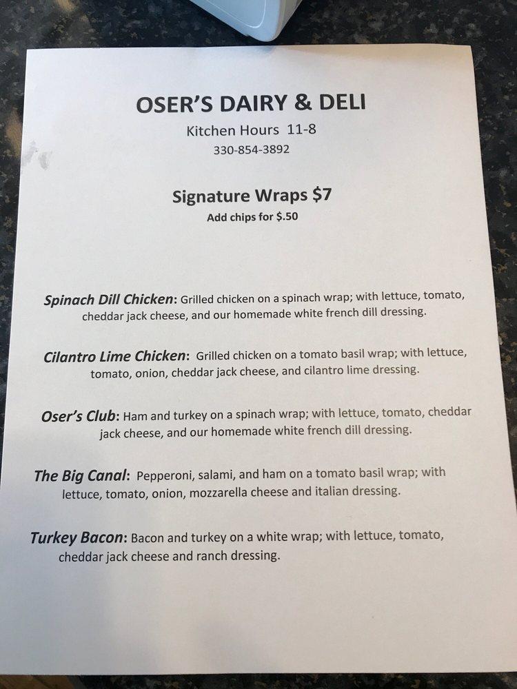 Menu at Oser's Dairy & Deli restaurant, Canal Fulton