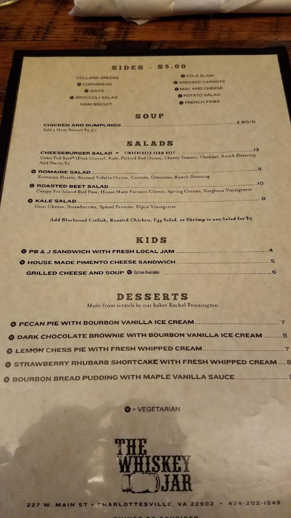 Menu at The Whiskey Jar pub & bar, Charlottesville