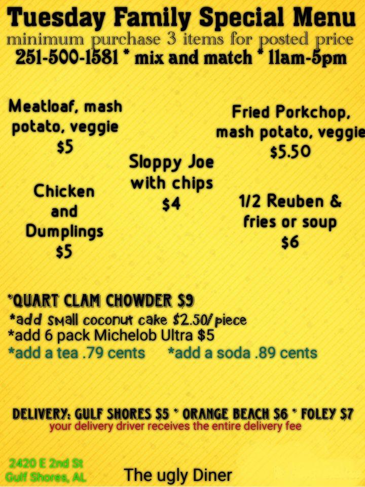 Menu at The ugly Diner restaurant, Gulf Shores