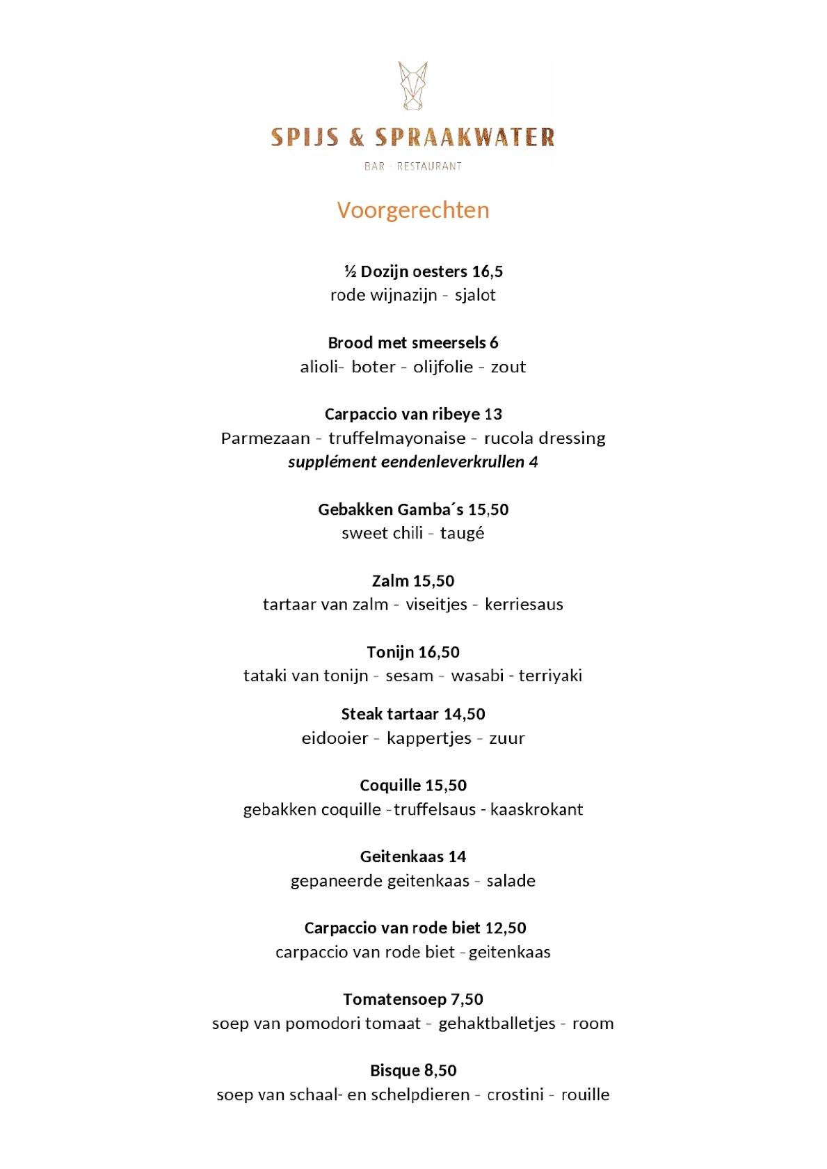 Menu at SPIJS Food, Drinks & Club, IJsselstein