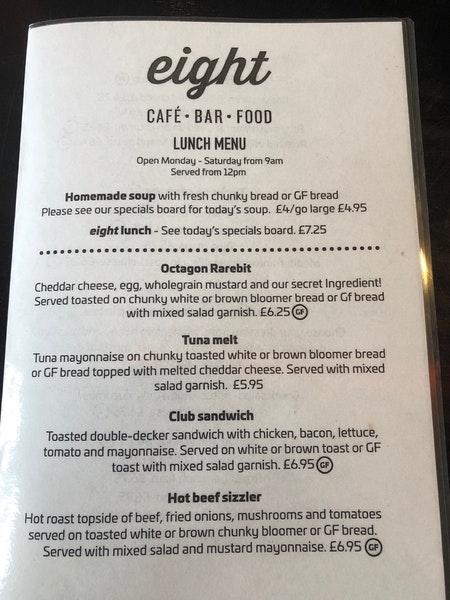 Menu at Eight cafe, Bolton