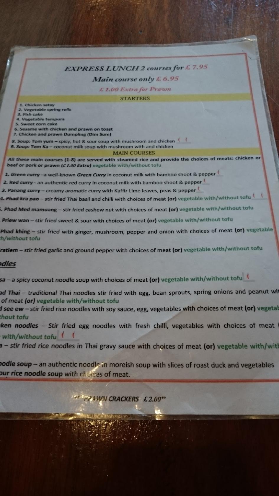 Menu at Epsom thai restaurant, Epsom, 20 South St