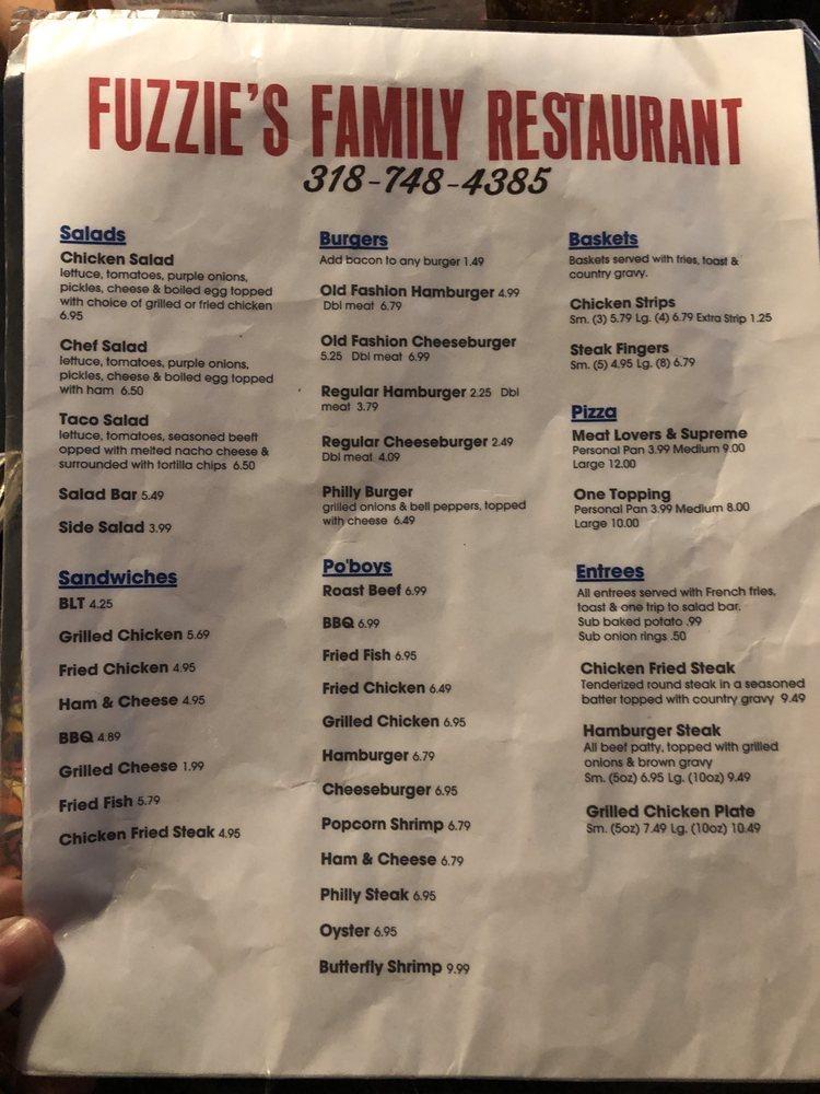 Menu at Fuzzie's Restaurant, Glenmora