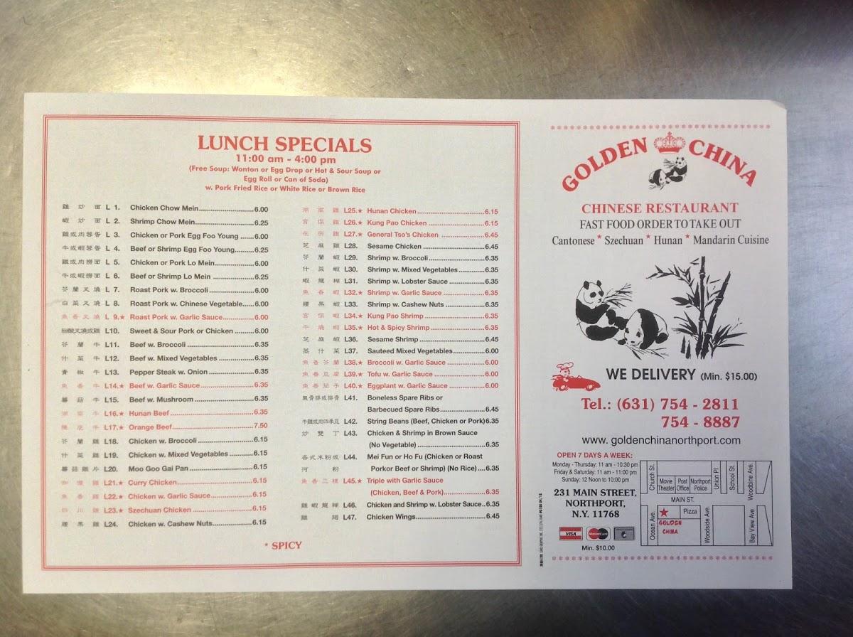 Menu at Golden China Restaurant, Northport