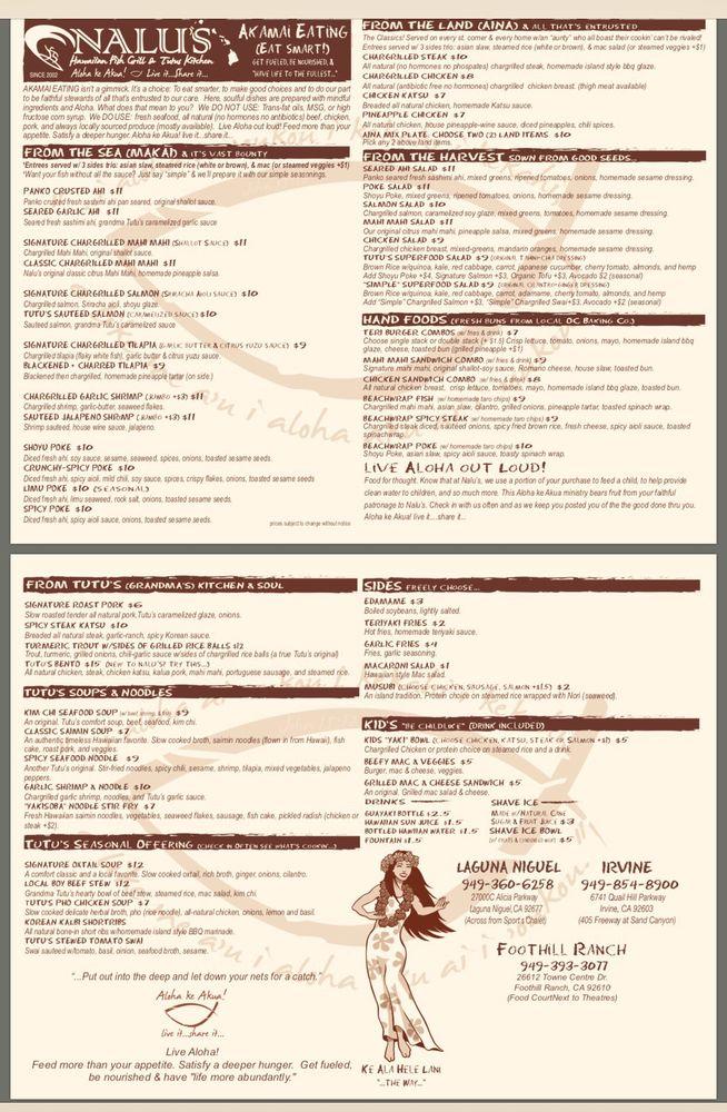 Menu at Nalu's Hawaiian Fish Grill & Tutu's Kitchen restaurant, San ...