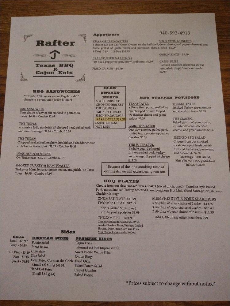 Menu at Rafter J BBQ and Cajun Eats, Iowa Park, 507 SW Access Rd