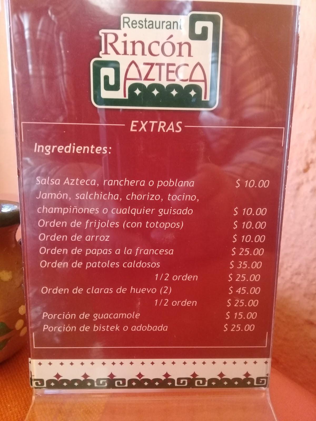 Menu at Rincon Azteca restaurant, Durango, C. Francisco de Urdinola 311