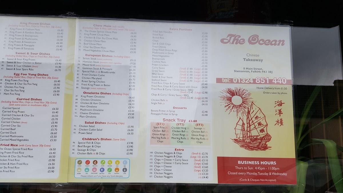 Menu at The Ocean Chinese Takeaway restaurant, Slamannan