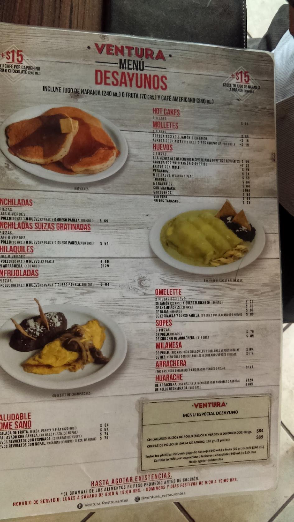 Menu at Ventura restaurant, Mexico City, Av. Universidad