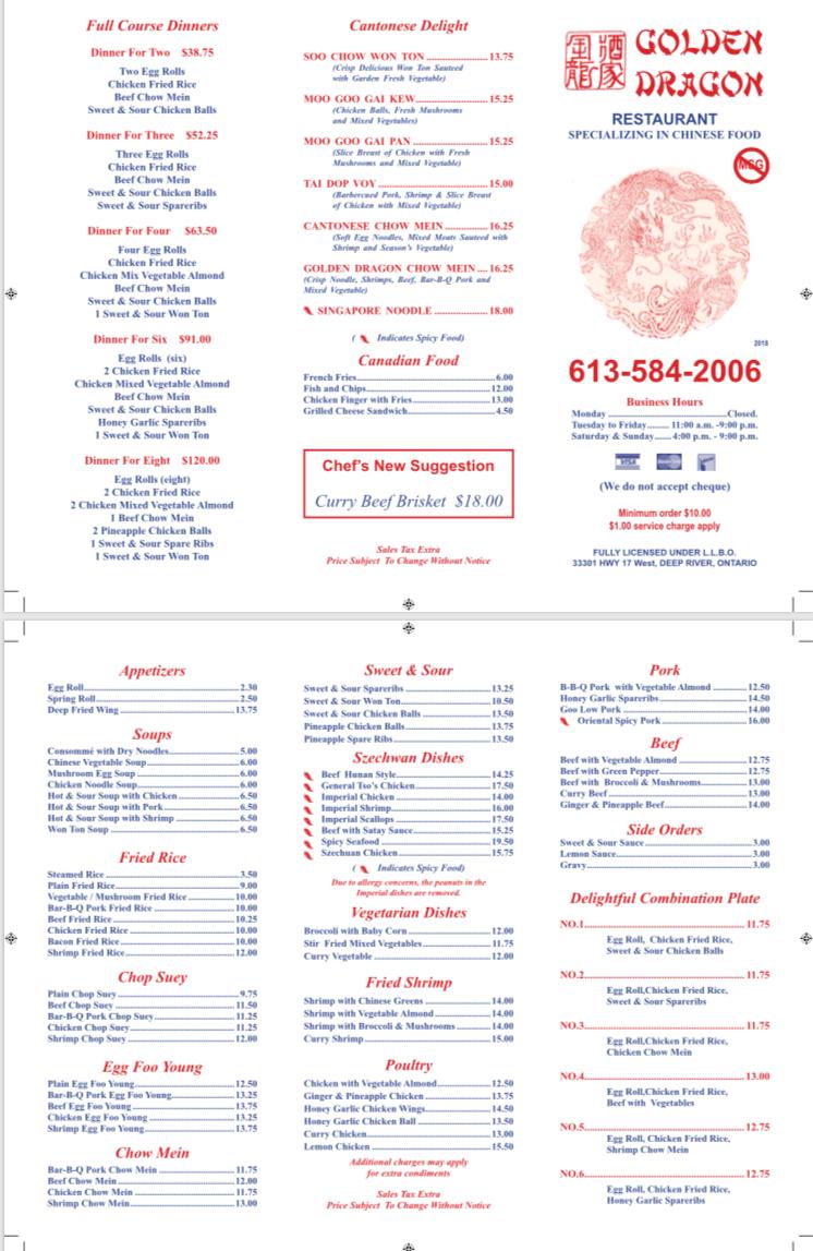 Menu at Golden Dragon Restaurant, Deep River