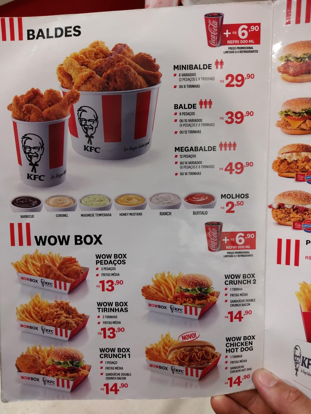 Menu em KFC restaurante, Canoas, Av. Guilherme Schell