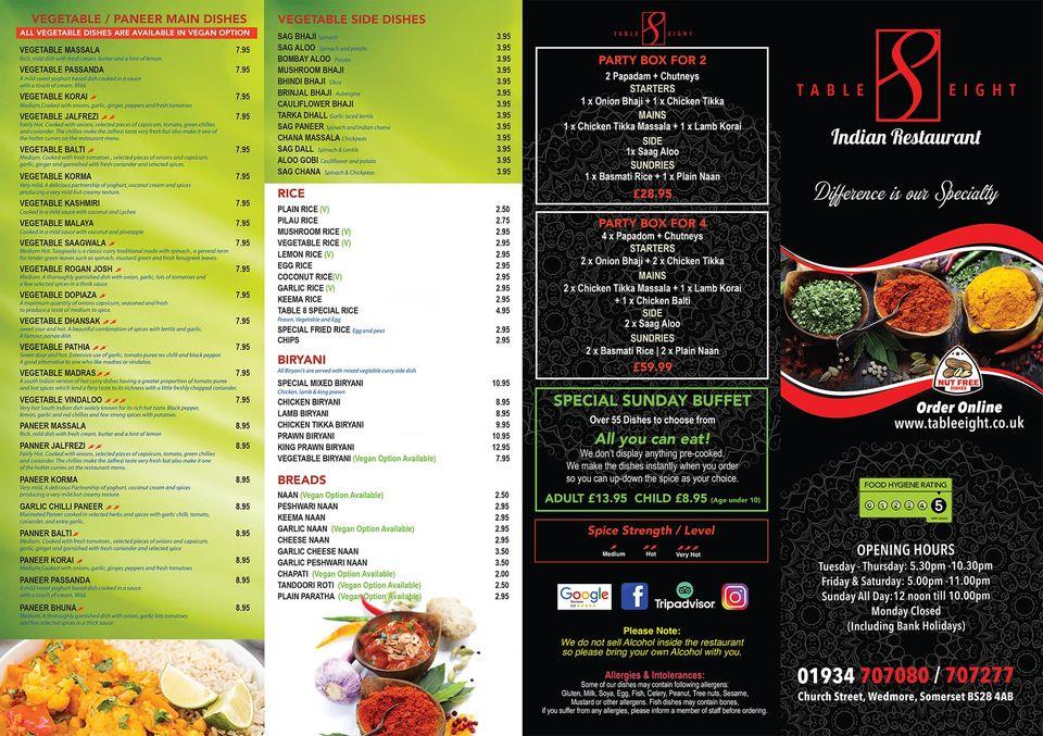 Menu at Table 8 restaurant, Wedmore