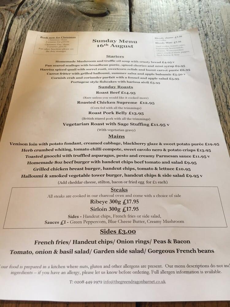 Menu at The Green Dragon pub & bar, London, 2 St Albans Rd