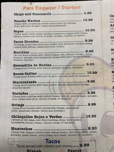 Menu at Don Pancho restaurant, Tampa