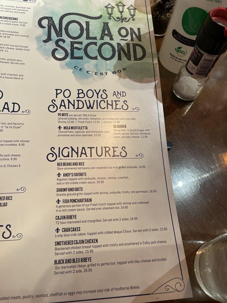 Menu at NOLA on Second restaurant, Gadsden
