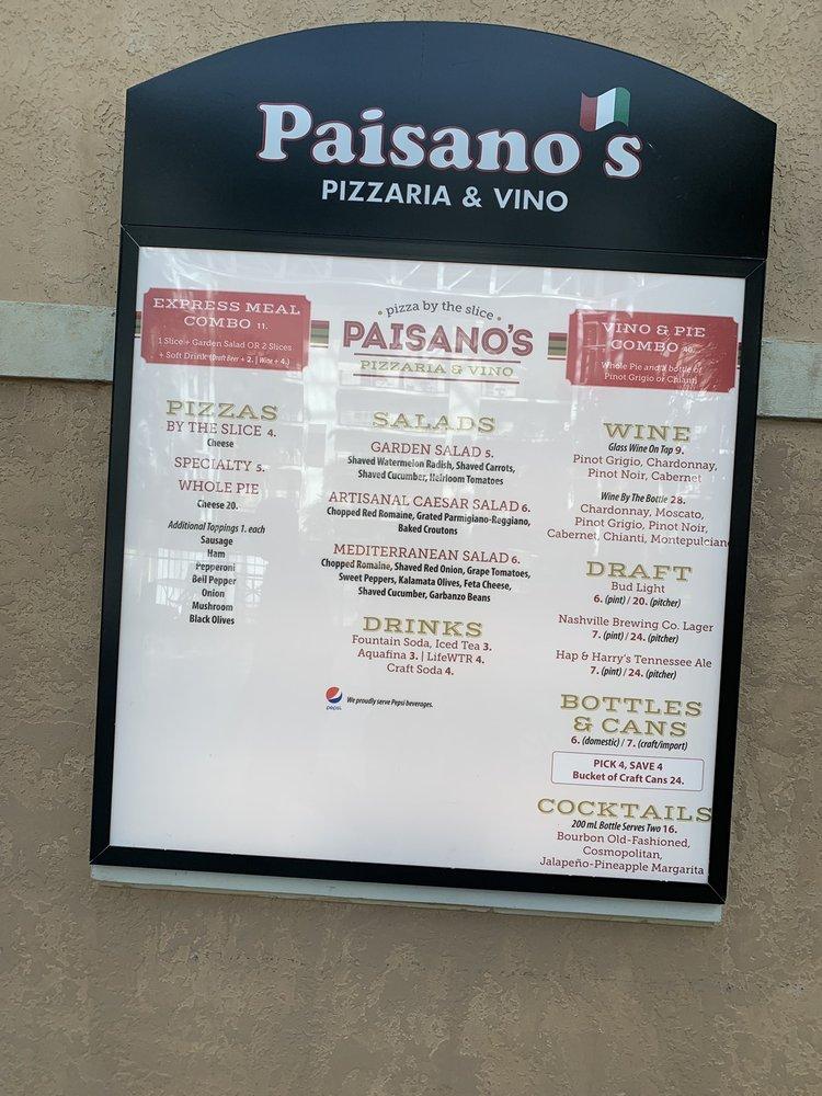 Menu at Paisano's Pizzaria & Vino pizzeria, Nashville